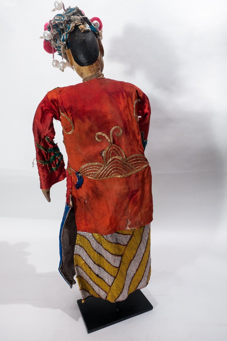 Vintage Chinese Opera Theatre Marionette, Red Silk Robe, Pink Pom Poms ...