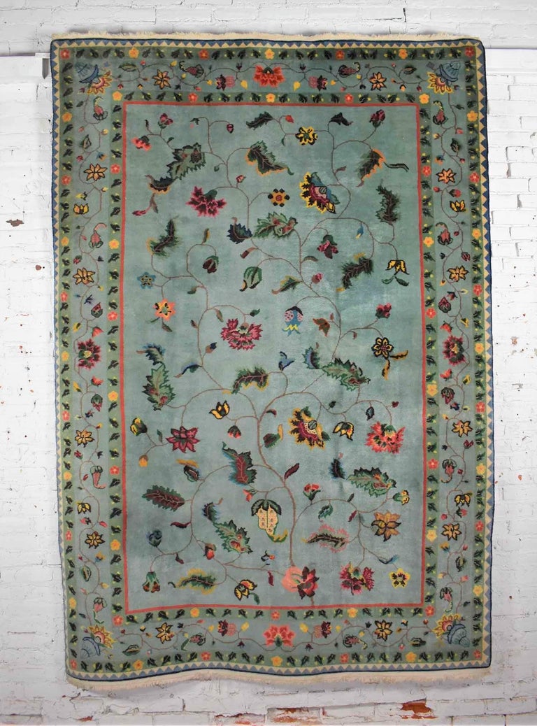 Vintage Chinese Peking Wool Handmade Rug Teal Green Overall Pattern For ...