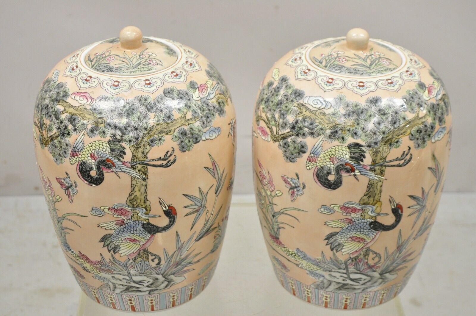 Vintage Chinese Pink Porcelain Lidded Figural Crane Ginger Jars, a Pair ...