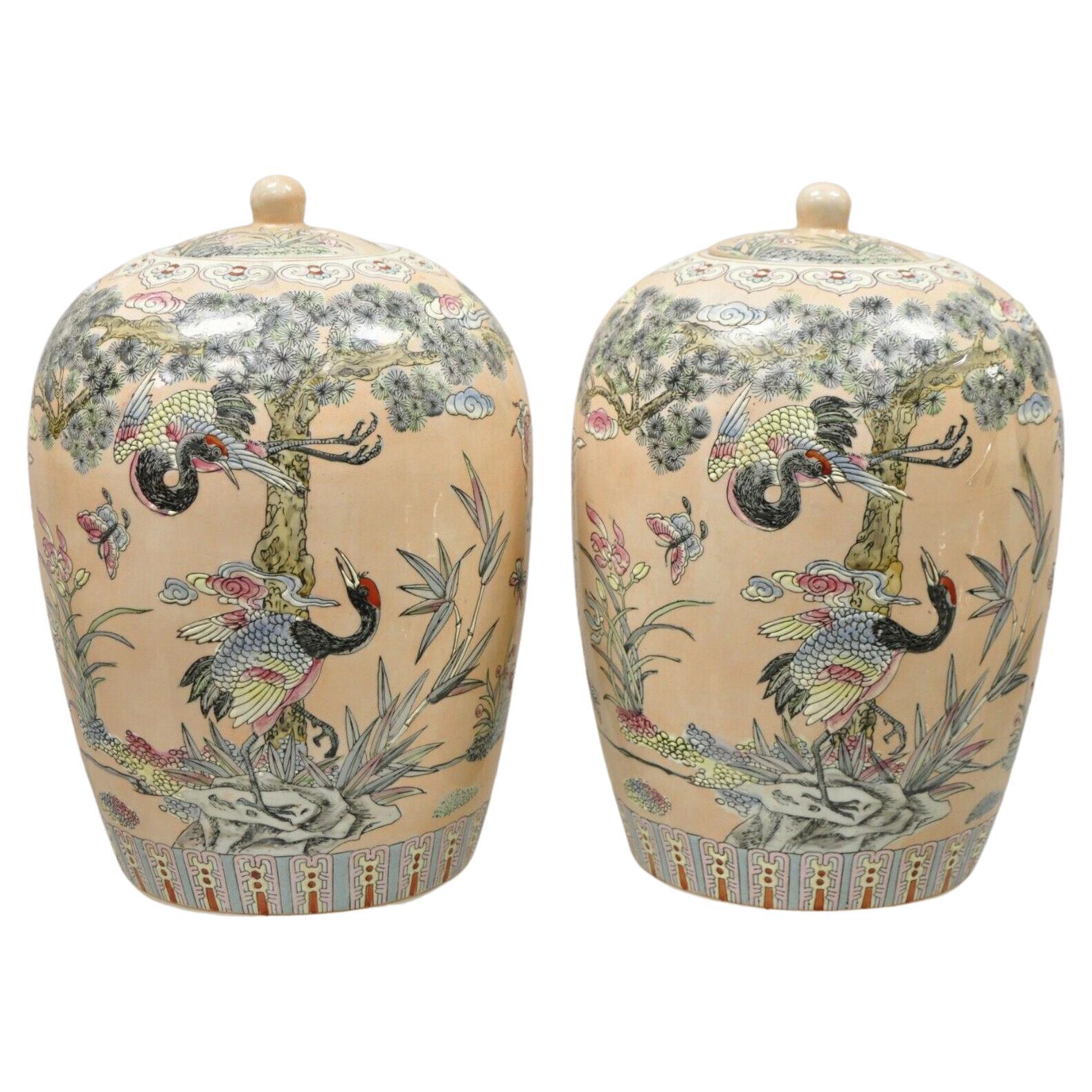 Vintage Chinese Pink Porcelain Lidded Figural Crane Ginger Jars, a Pair ...