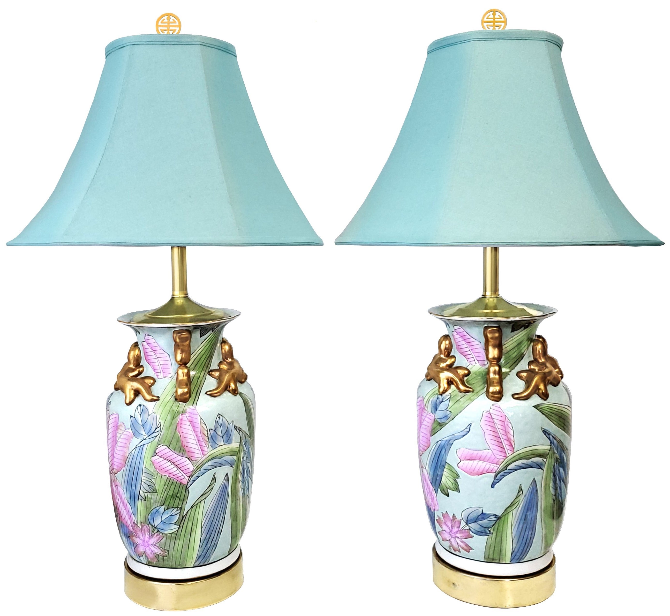 Vintage Chinese Porcelain Pastel Tobacco Leaf Table Lamps with ...