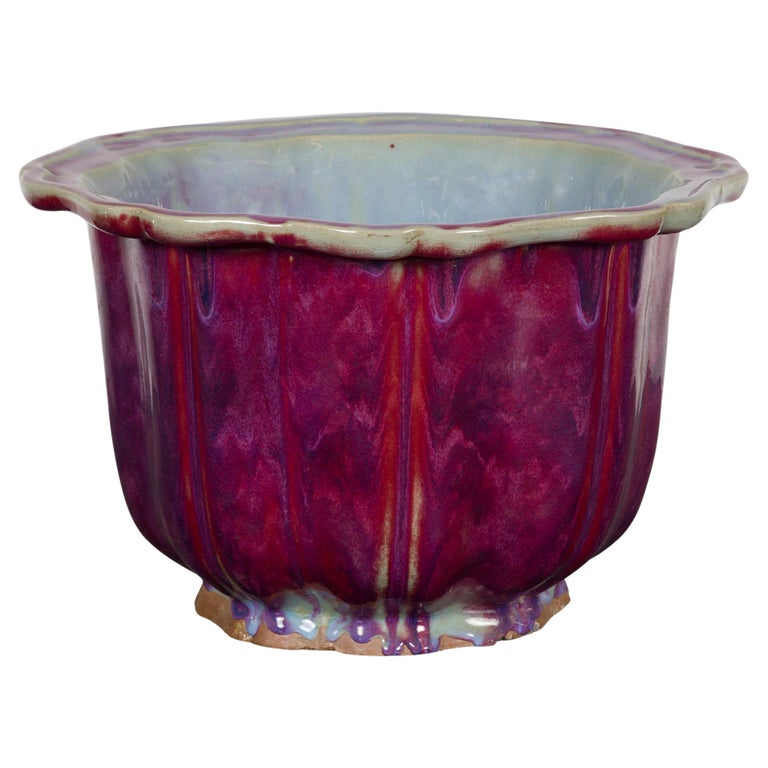 Vintage Chinese Purple, Blue and Red Glazed Flower Pot with Scalloped ...