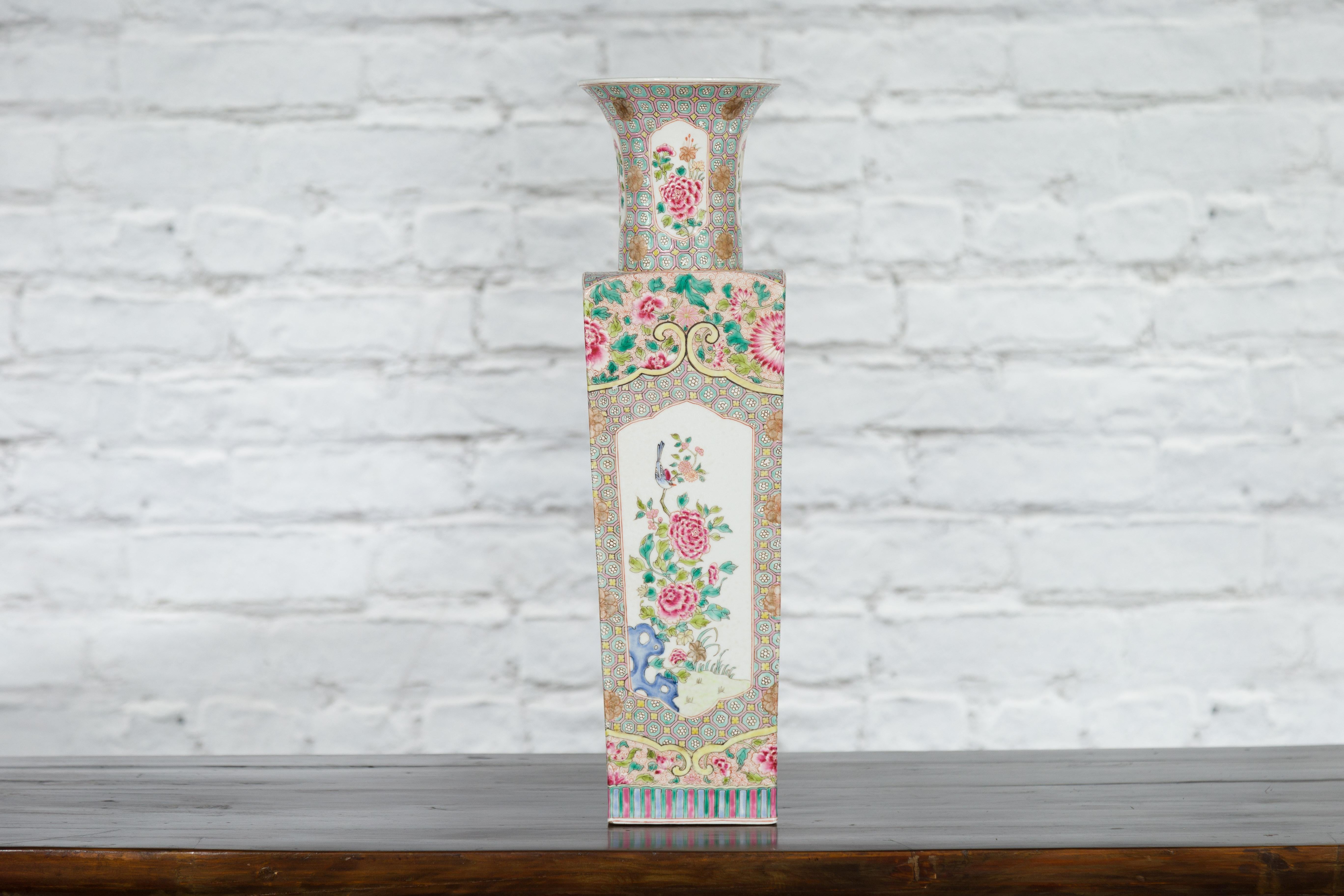 Vintage Chinese Square Shaped Vase with Pink Flowers, Green Foliage and ...