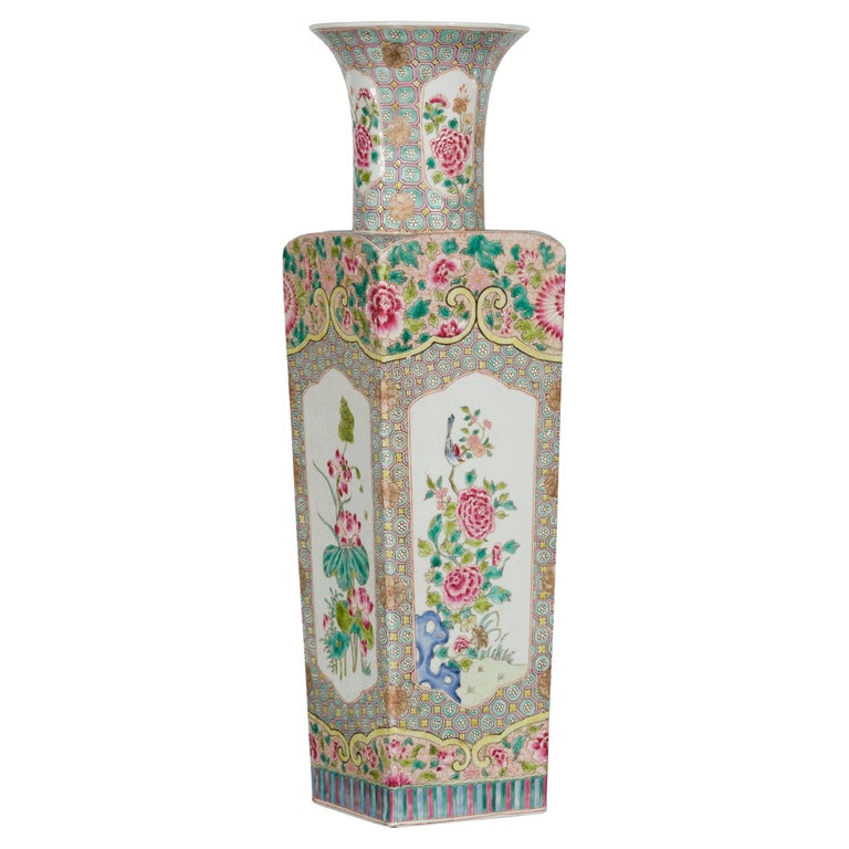 Vintage Chinese Square Shaped Vase with Pink Flowers, Green Foliage and ...
