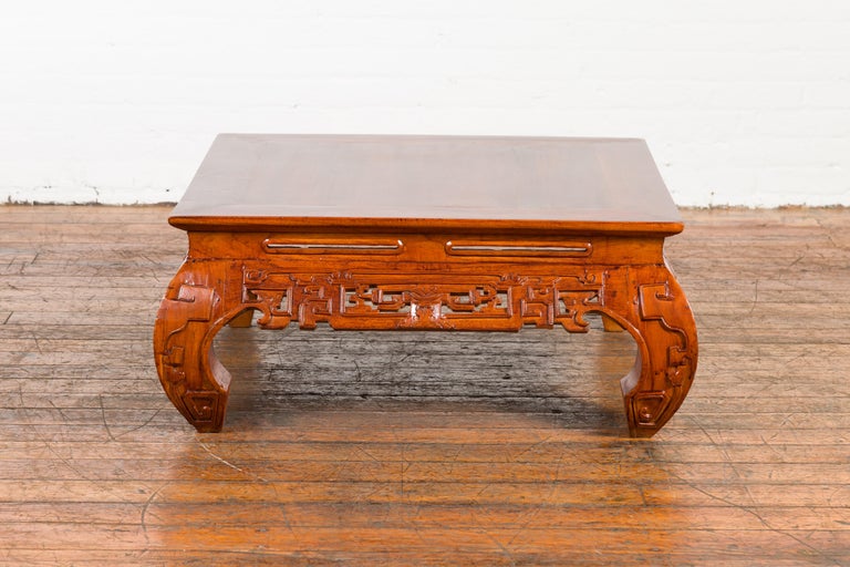 Vintage Chinese Style Low Kang Coffee Table with Carved Scrolls and ...