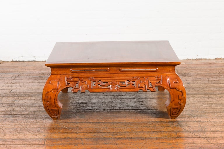 Vintage Chinese Style Low Kang Coffee Table with Carved Scrolls and ...