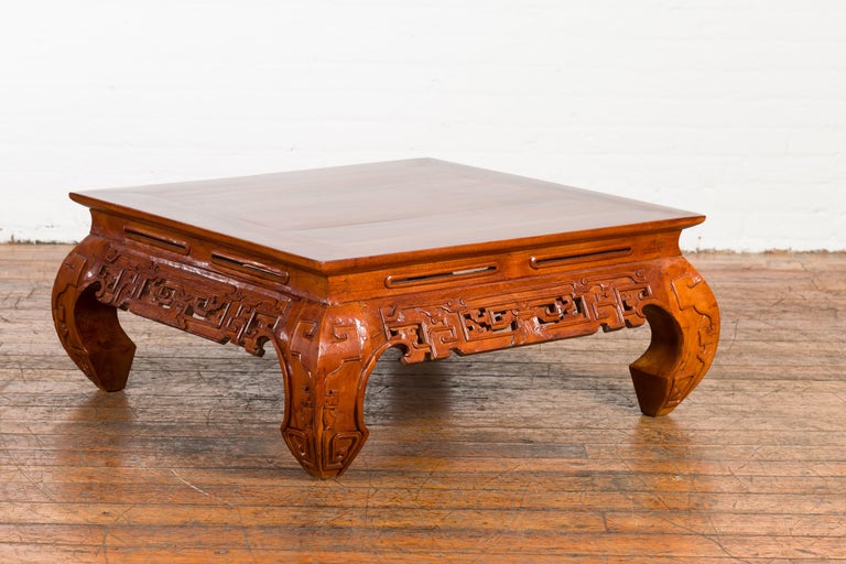 Vintage Chinese Style Low Kang Coffee Table with Carved Scrolls and ...