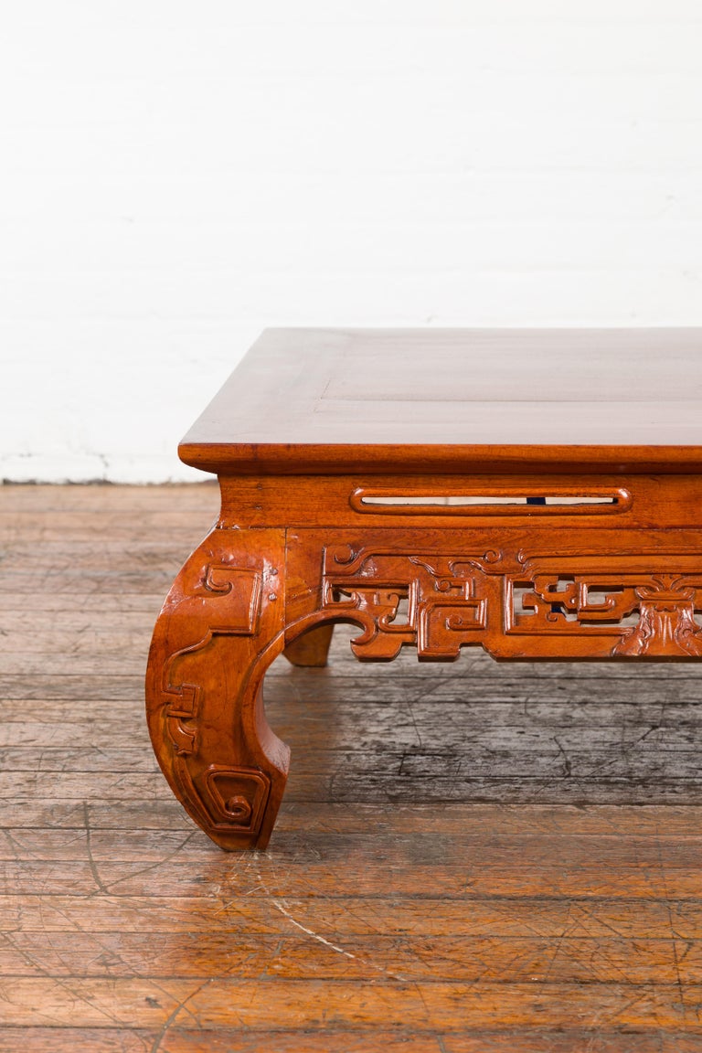 Vintage Chinese Style Low Kang Coffee Table with Carved Scrolls and ...