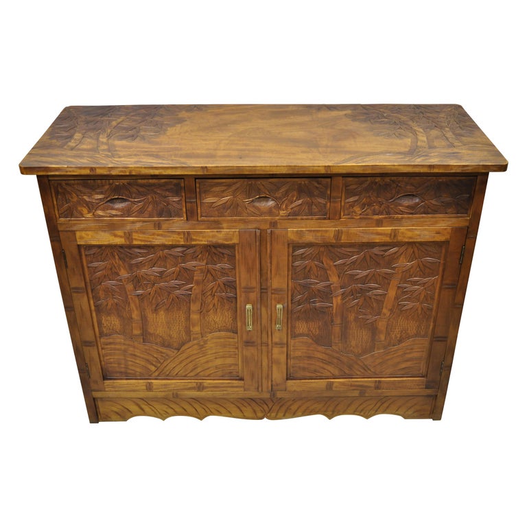 Vintage Chinese Teak Wood Carved Bamboo Tree Sideboard Buffet Cabinet ...