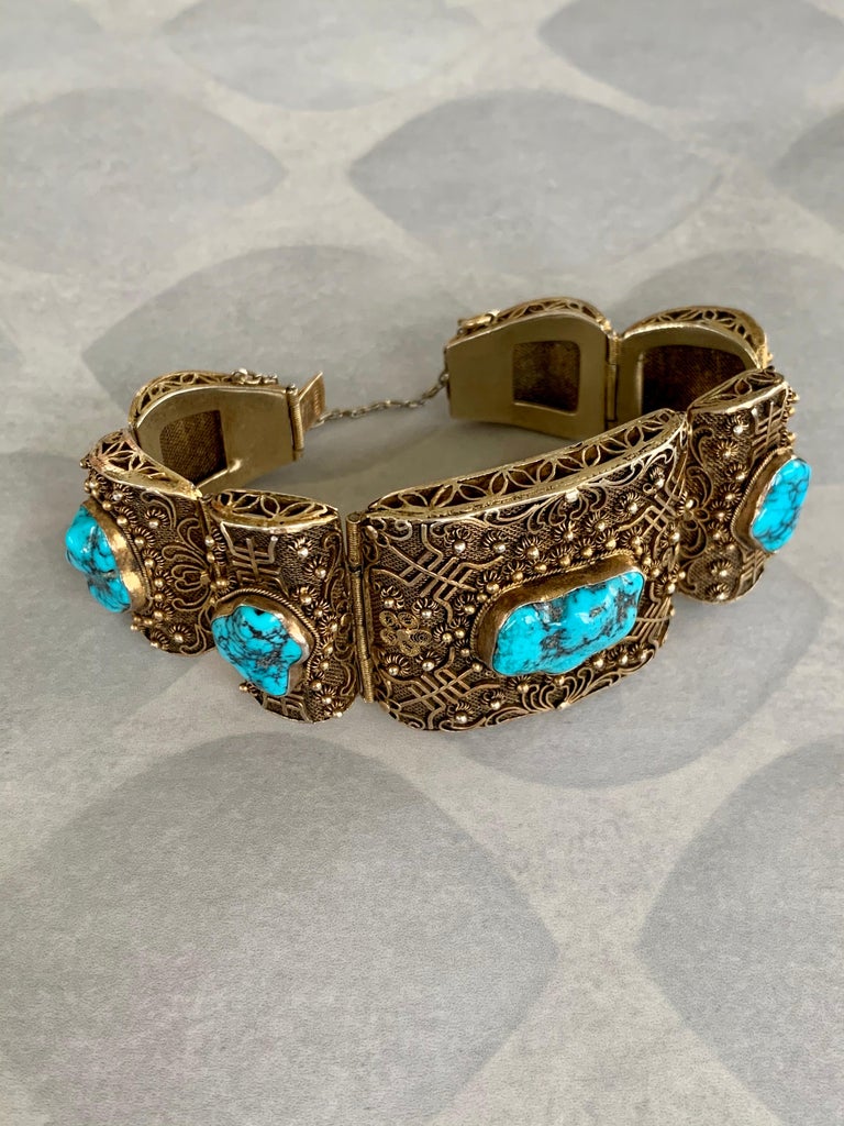Vintage Chinese Turquoise Sectional Gold Washed on Silver Bracelt at ...