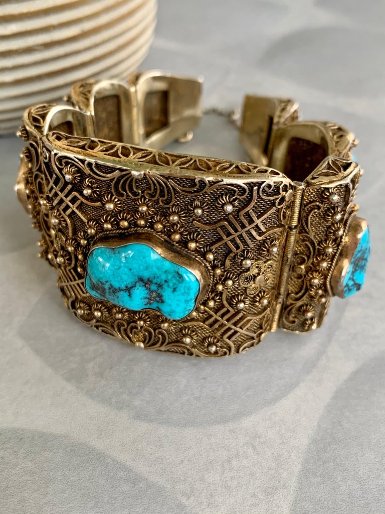 Vintage Chinese Turquoise Sectional Gold Washed on Silver Bracelt at ...