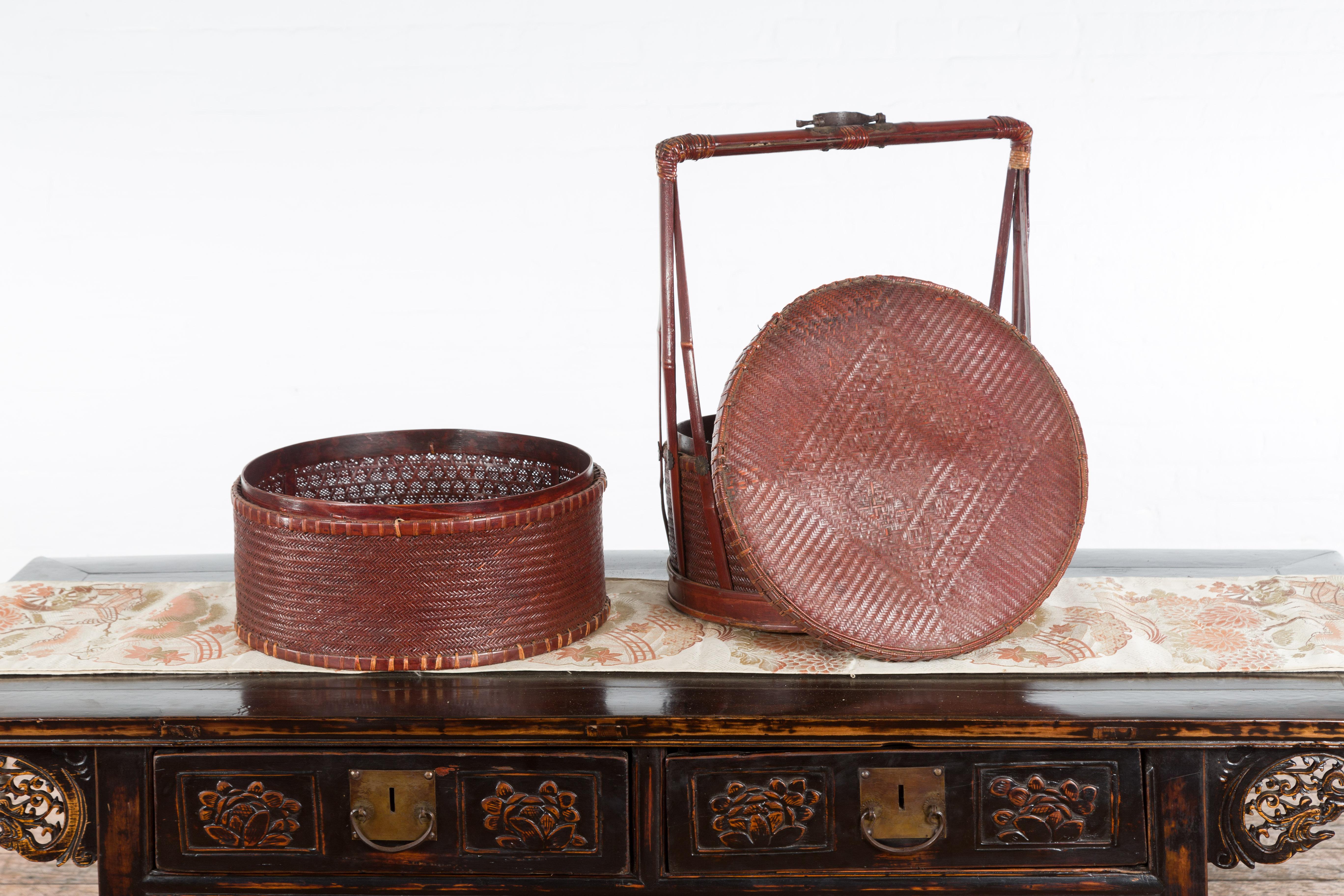 Vintage Chinese Woven Rattan and Bamboo Carrying Basket with Handle at ...