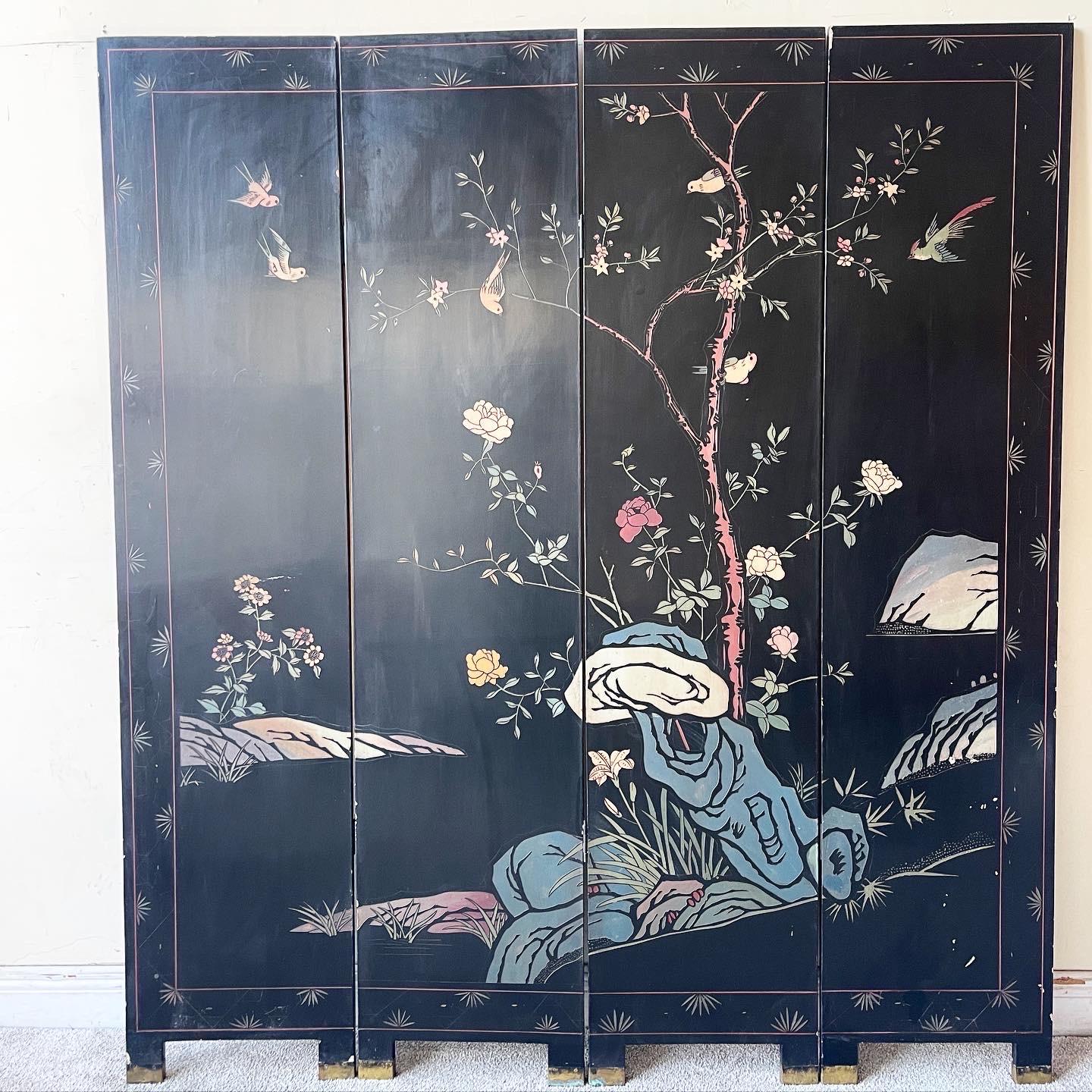Vintage Chinoiserie Black Lacquered and Gold Hand Carved Room Divider ...
