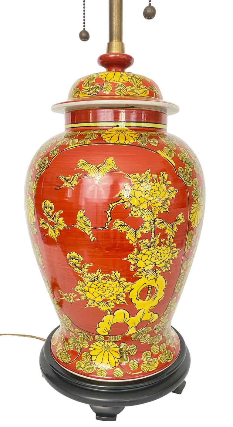 Vintage Chinoiserie Red and Yellow Ginger Jar Lamp For Sale at 1stDibs