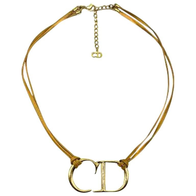 Vintage Christian Dior Gold Cd Logo and Leather Necklace 1980s at 1stDibs