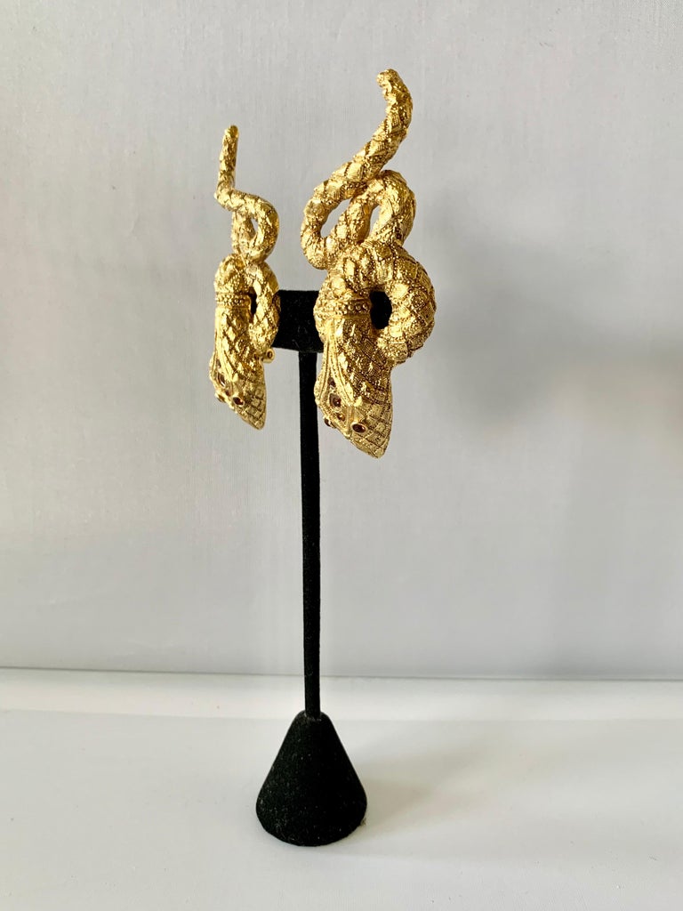 Vintage Christian Dior Gold Snake Statement Earrings For Sale at 1stDibs
