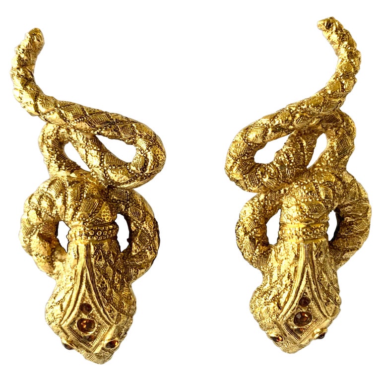Vintage Christian Dior Gold Snake Statement Earrings For Sale at 1stDibs