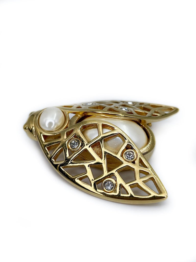 Vintage Christian Dior Gold Tone Pearl Crystal Insect Pin Brooch at 1stDibs