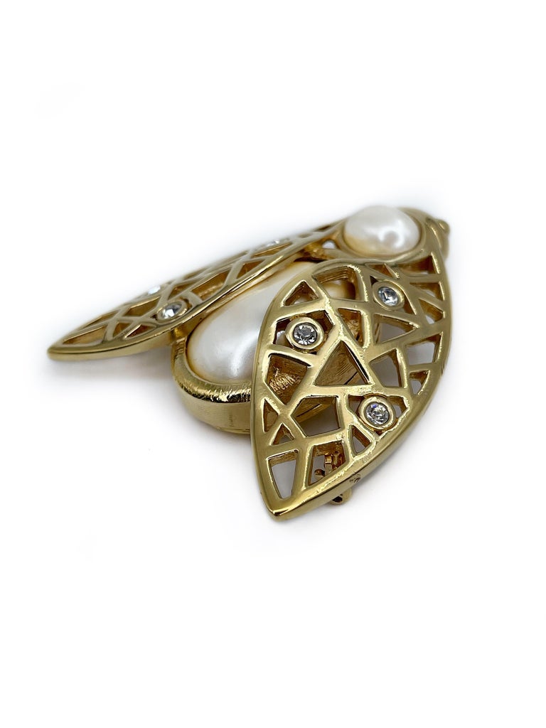 Vintage Christian Dior Gold Tone Pearl Crystal Insect Pin Brooch at 1stDibs