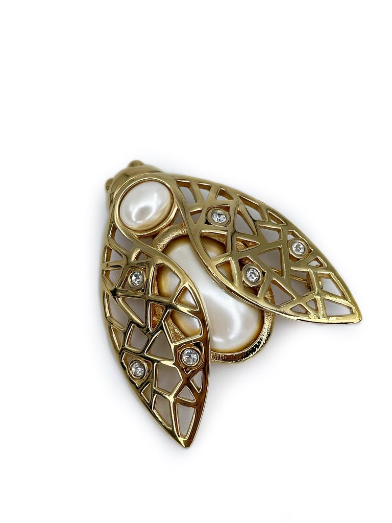 Vintage Christian Dior Gold Tone Pearl Crystal Insect Pin Brooch at 1stDibs