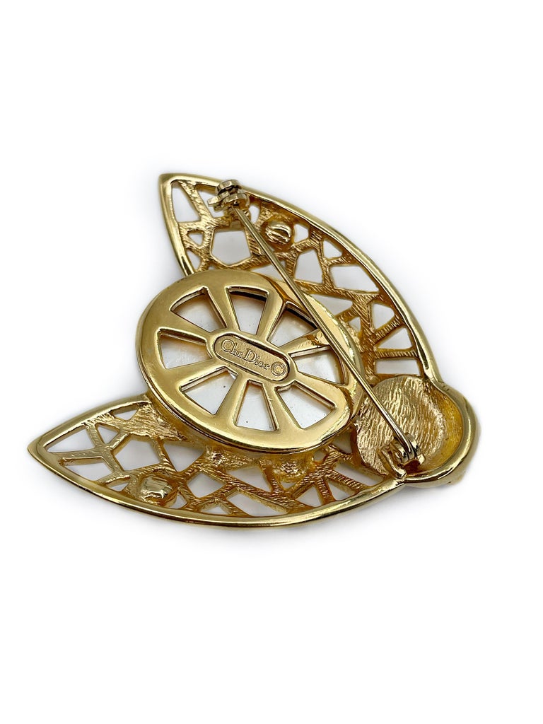 Vintage Christian Dior Gold Tone Pearl Crystal Insect Pin Brooch at 1stDibs