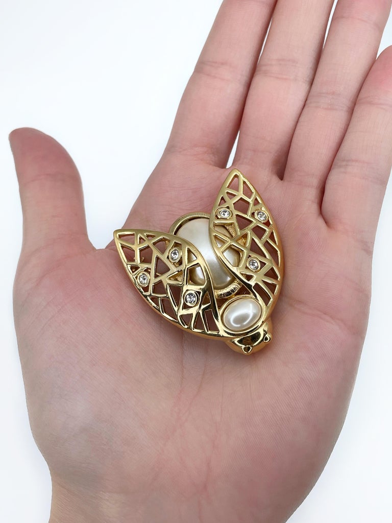 Vintage Christian Dior Gold Tone Pearl Crystal Insect Pin Brooch at 1stDibs