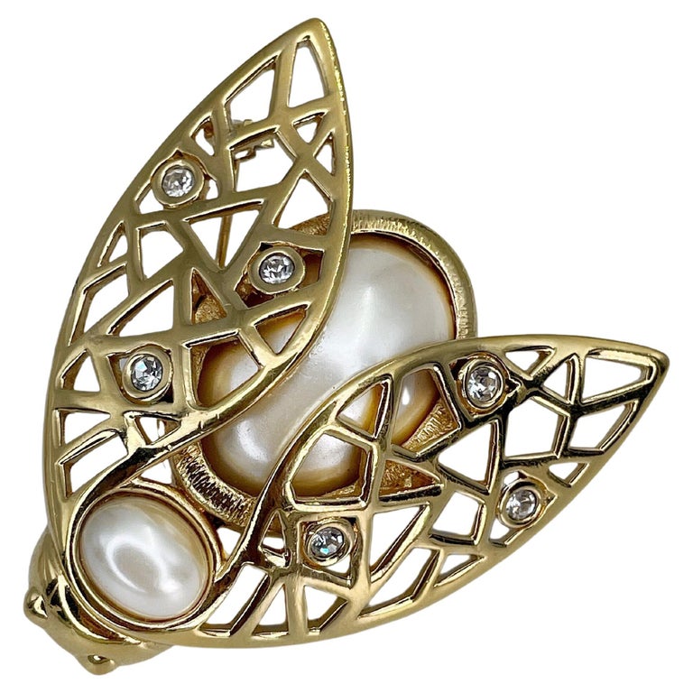 Vintage Christian Dior Gold Tone Pearl Crystal Insect Pin Brooch at 1stDibs