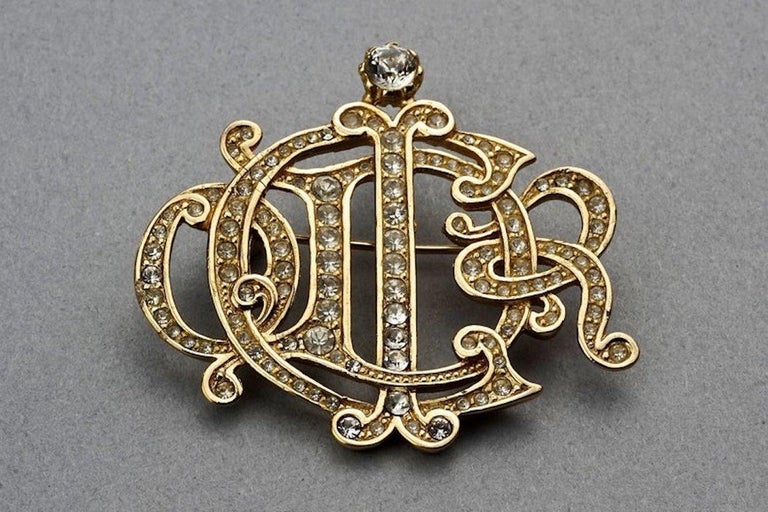 Vintage CHRISTIAN DIOR Insigna Monogram Logo Rhinestone Brooch at ...