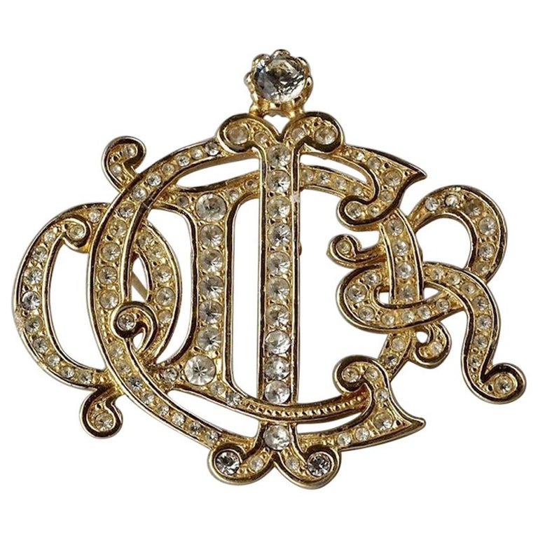 Vintage CHRISTIAN DIOR Insigna Monogram Logo Rhinestone Brooch at ...
