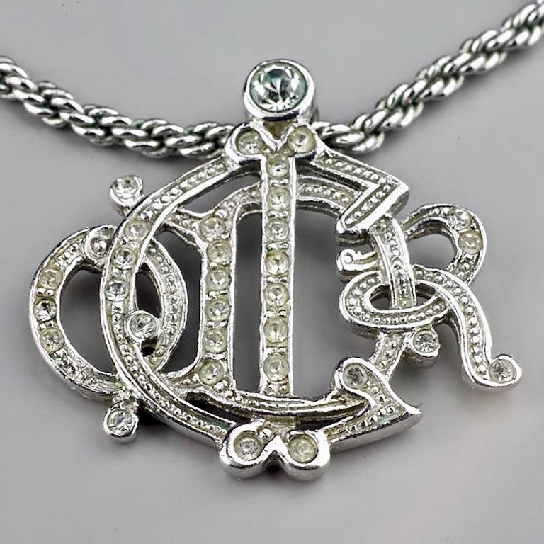 Vintage CHRISTIAN DIOR Logo Insignia Rhinestone Silver Necklace at ...