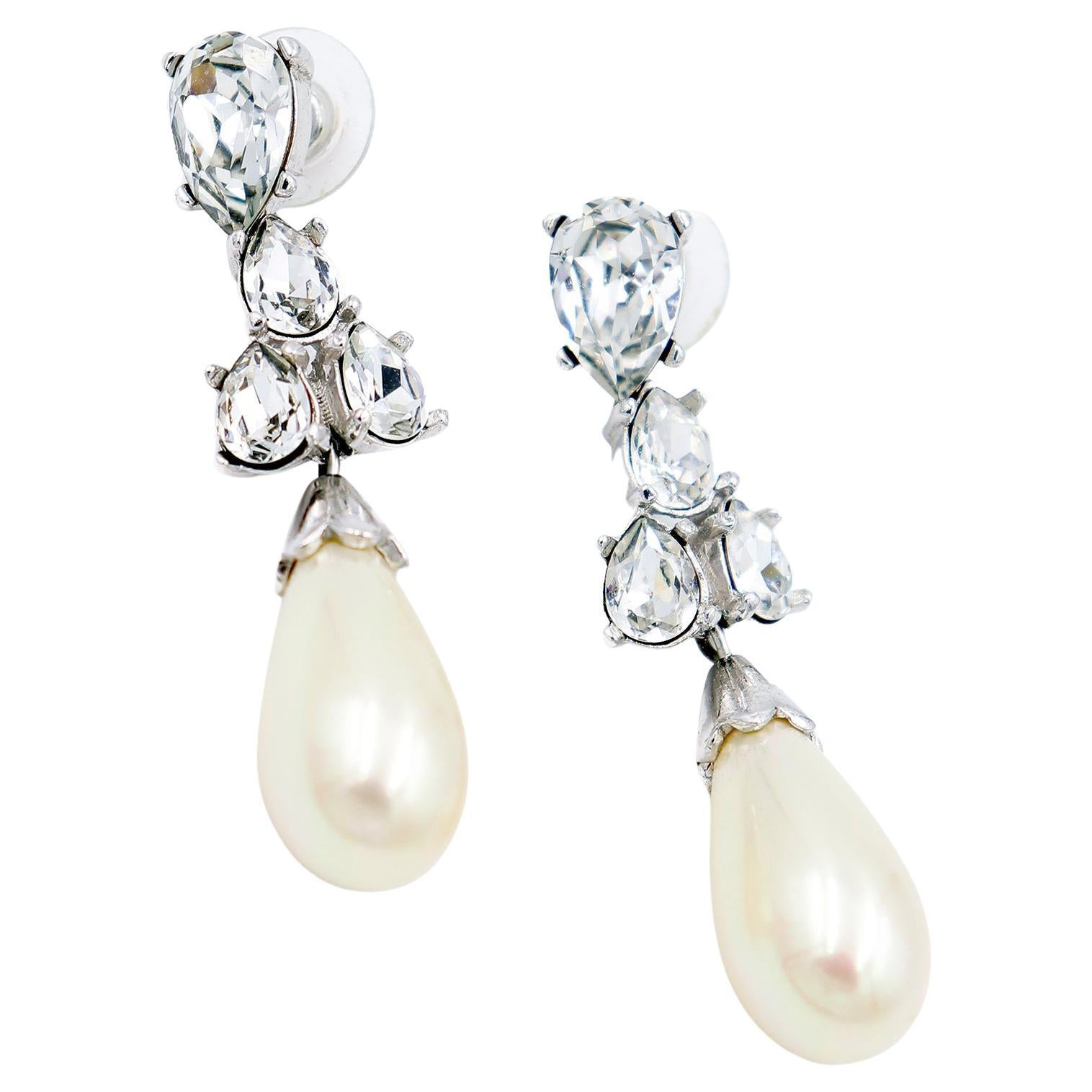 Vintage Christian Dior Silver Plate Crystal and Pearl Drop Earrings at ...