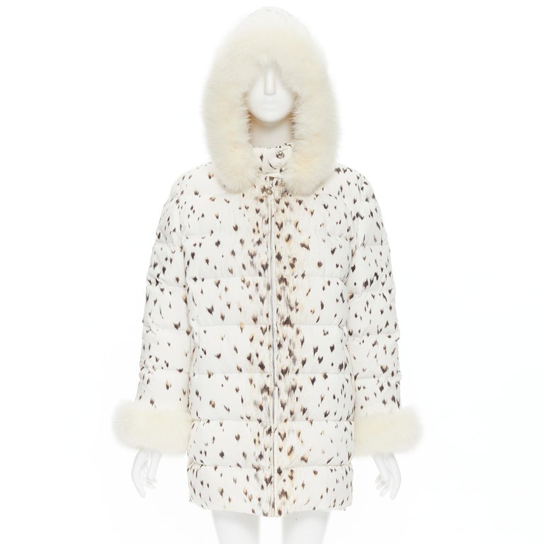 vintage CHRISTIAN DIOR snow leopard print fox fur trim hooded puffer ...