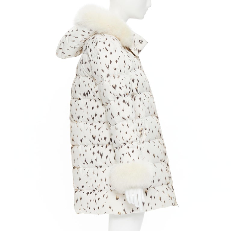 vintage CHRISTIAN DIOR snow leopard print fox fur trim hooded puffer ...