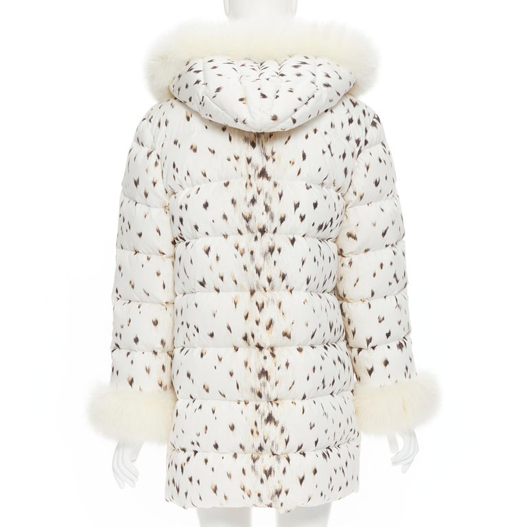 vintage CHRISTIAN DIOR snow leopard print fox fur trim hooded puffer ...