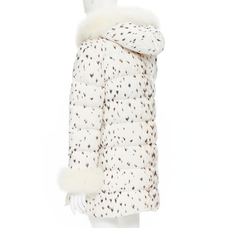 vintage CHRISTIAN DIOR snow leopard print fox fur trim hooded puffer ...
