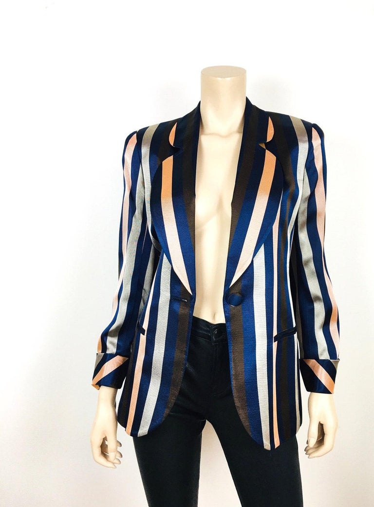 Vintage Christian Dior Striped Navy Brown Peach Metallic Sheen Blazer ...