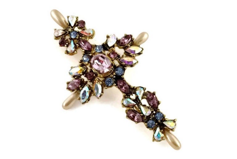 Vintage CHRISTIAN LACROIX Jeweled Cross Brooch at 1stDibs