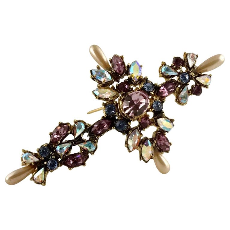 Vintage CHRISTIAN LACROIX Jeweled Cross Brooch at 1stDibs