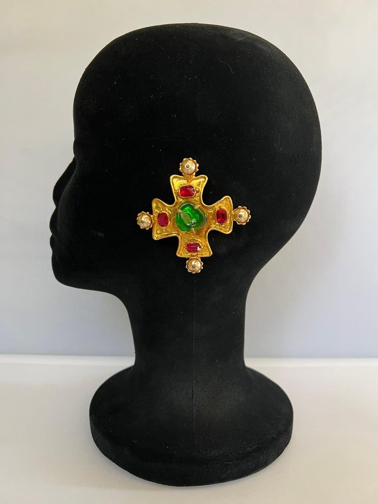 Vintage Christian Lacroix Jeweled Faux Pearl Maltese Cross Earrings For ...