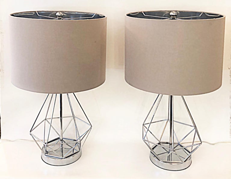 Vintage Chrome Geometric Table Lamps, USB Charging Port on Base For ...