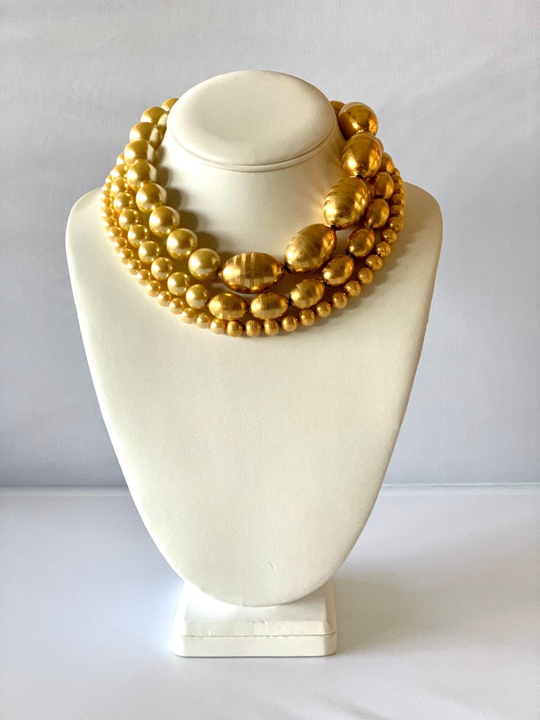 Vintage Chunky Architectural Triple Strand Gold Pearl Statement ...