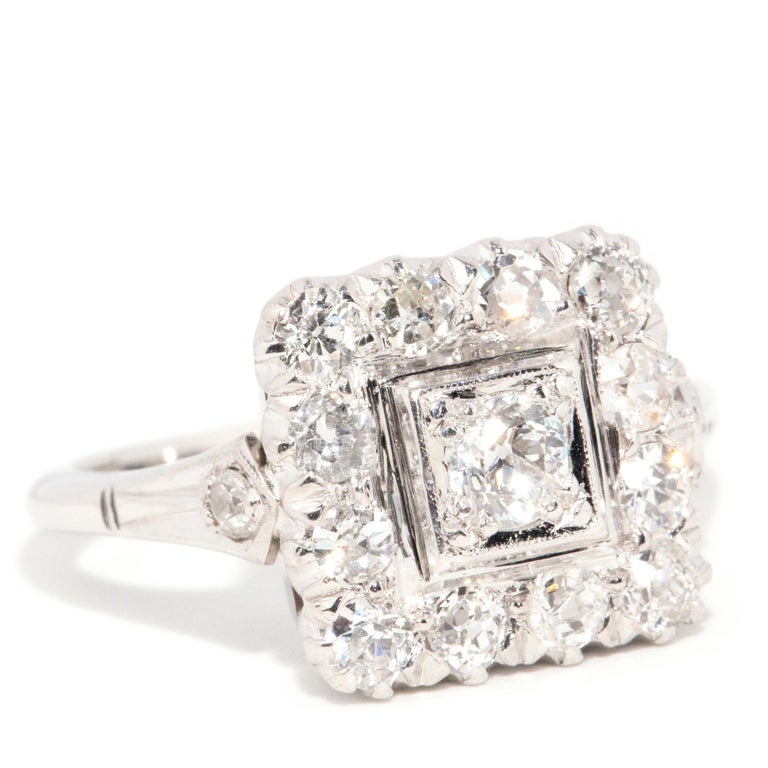 Vintage circa 1950s 18 Carat White Gold Old Cut Diamond Square Cluster ...