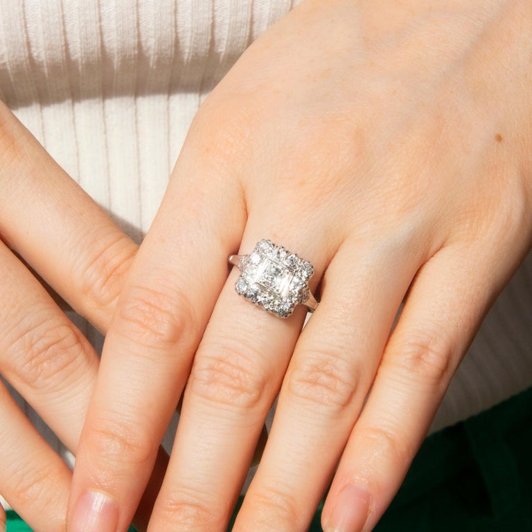 Vintage circa 1950s 18 Carat White Gold Old Cut Diamond Square Cluster ...