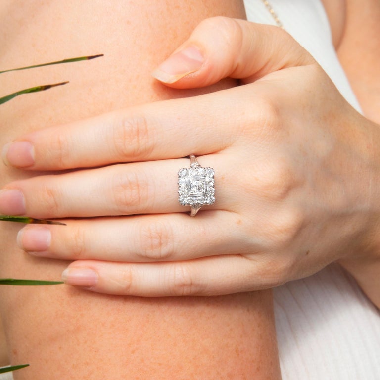 Vintage circa 1950s 18 Carat White Gold Old Cut Diamond Square Cluster ...