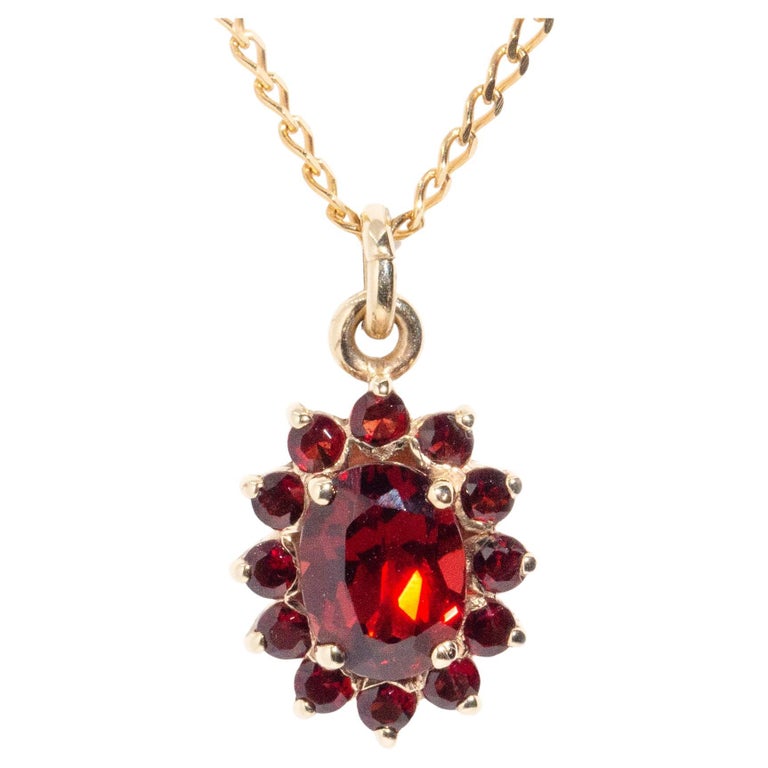 Vintage Circa 1950s Oval Garnet Cluster Pendant and Chain 9 Carat ...