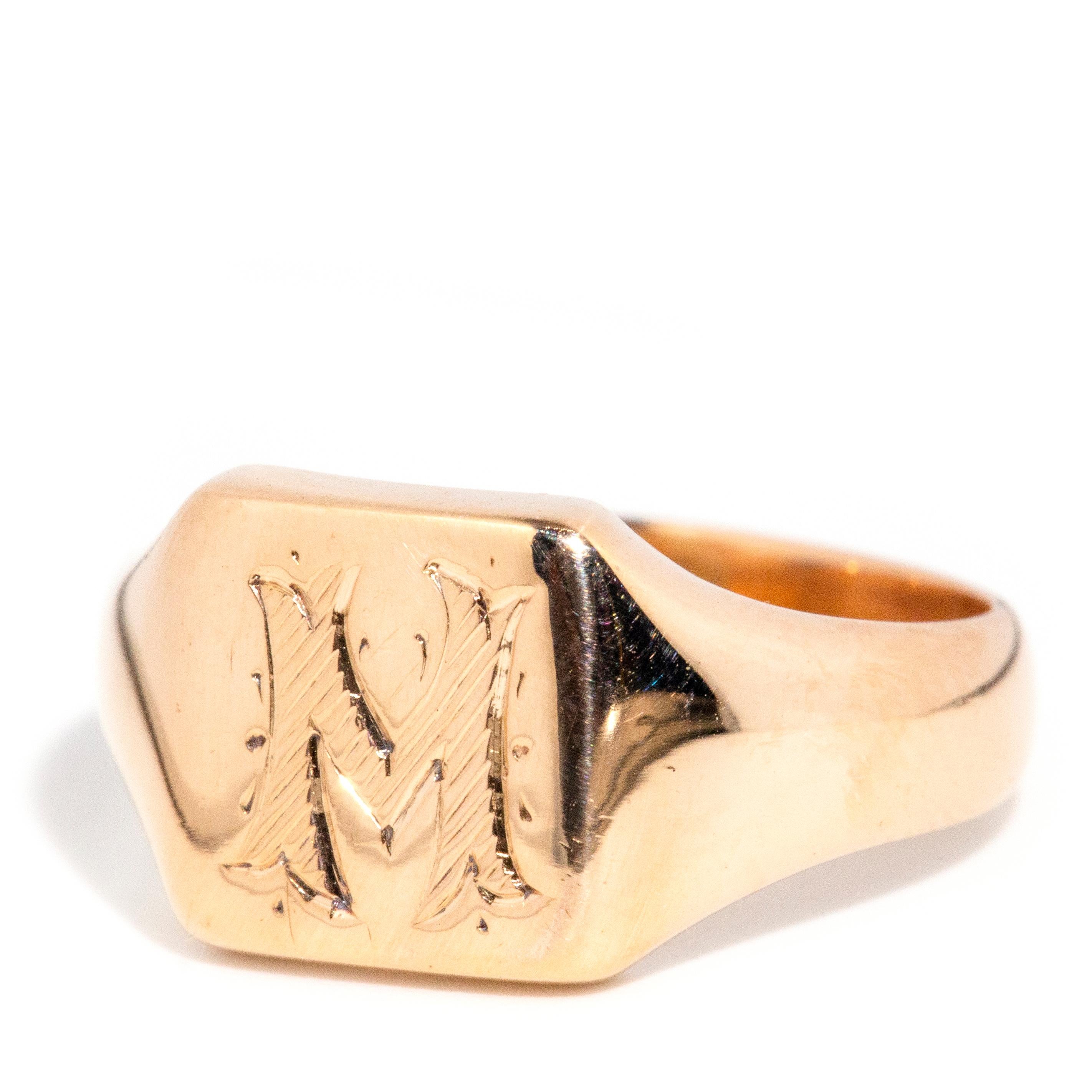 Vintage circa 1960s 18 Carat Rose Gold Letter "M" Cushion Shaped Signet ...