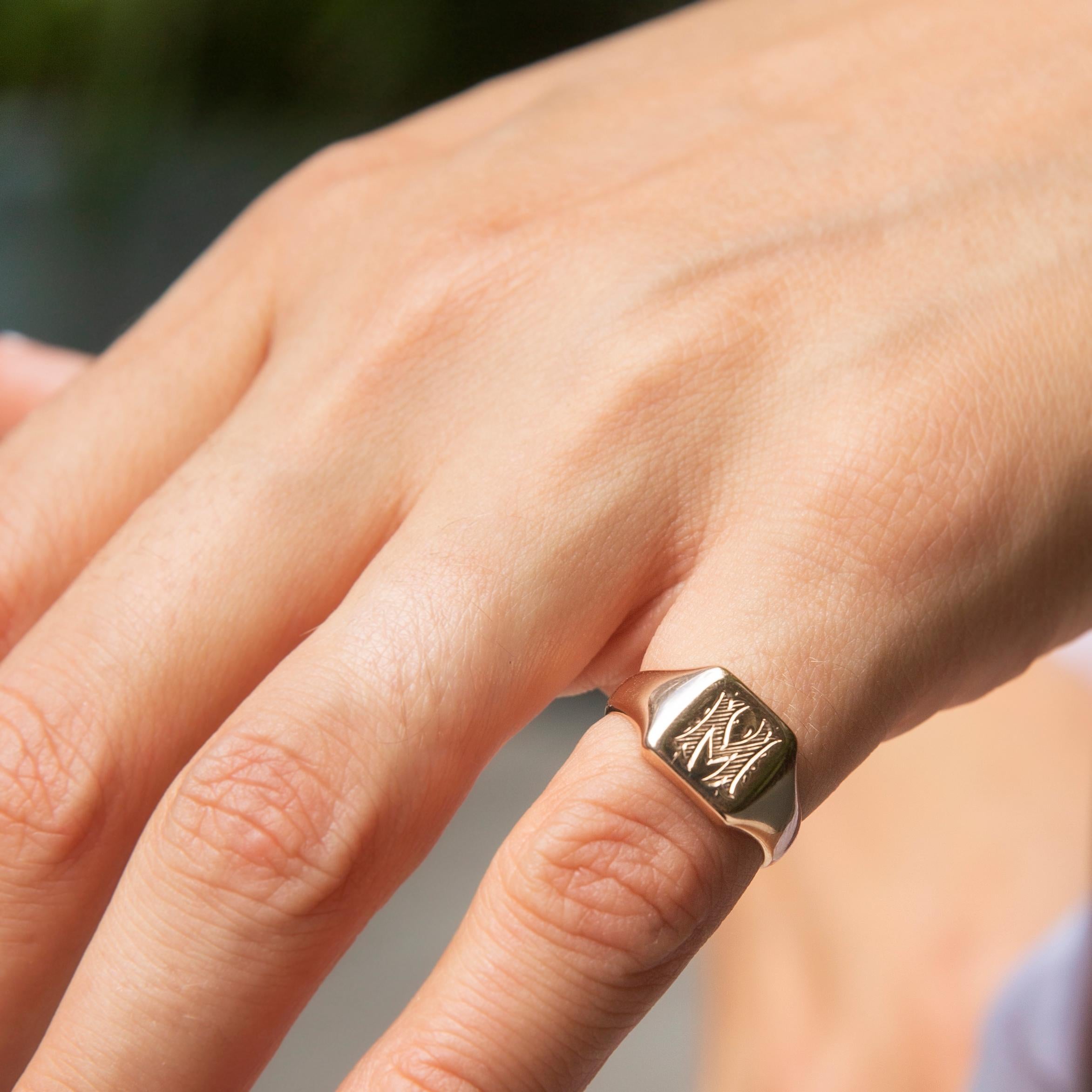 Vintage circa 1960s 18 Carat Rose Gold Letter "M" Cushion Shaped Signet ...