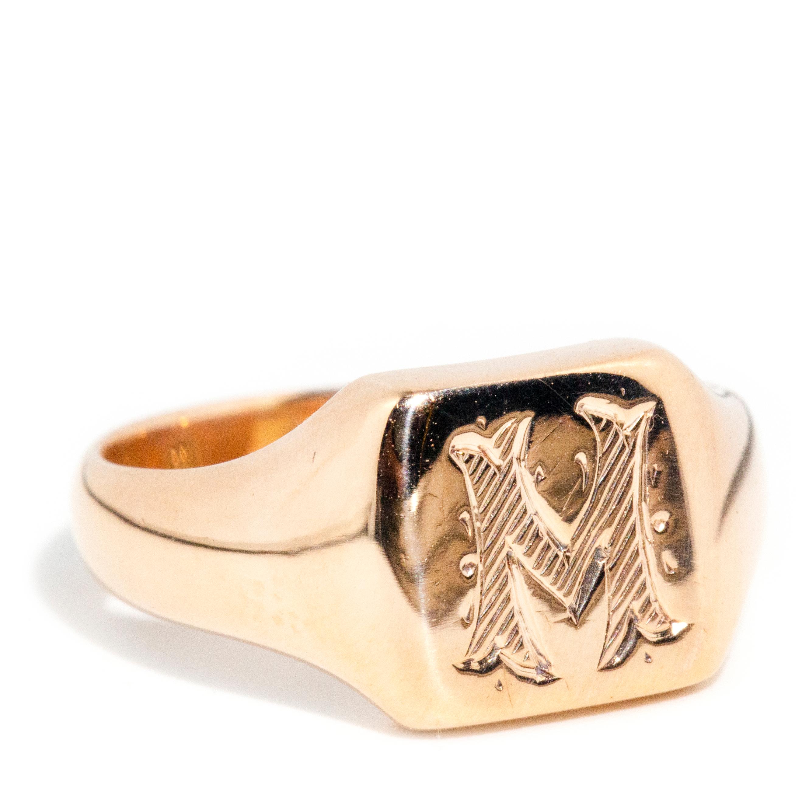 Vintage circa 1960s 18 Carat Rose Gold Letter "M" Cushion Shaped Signet ...