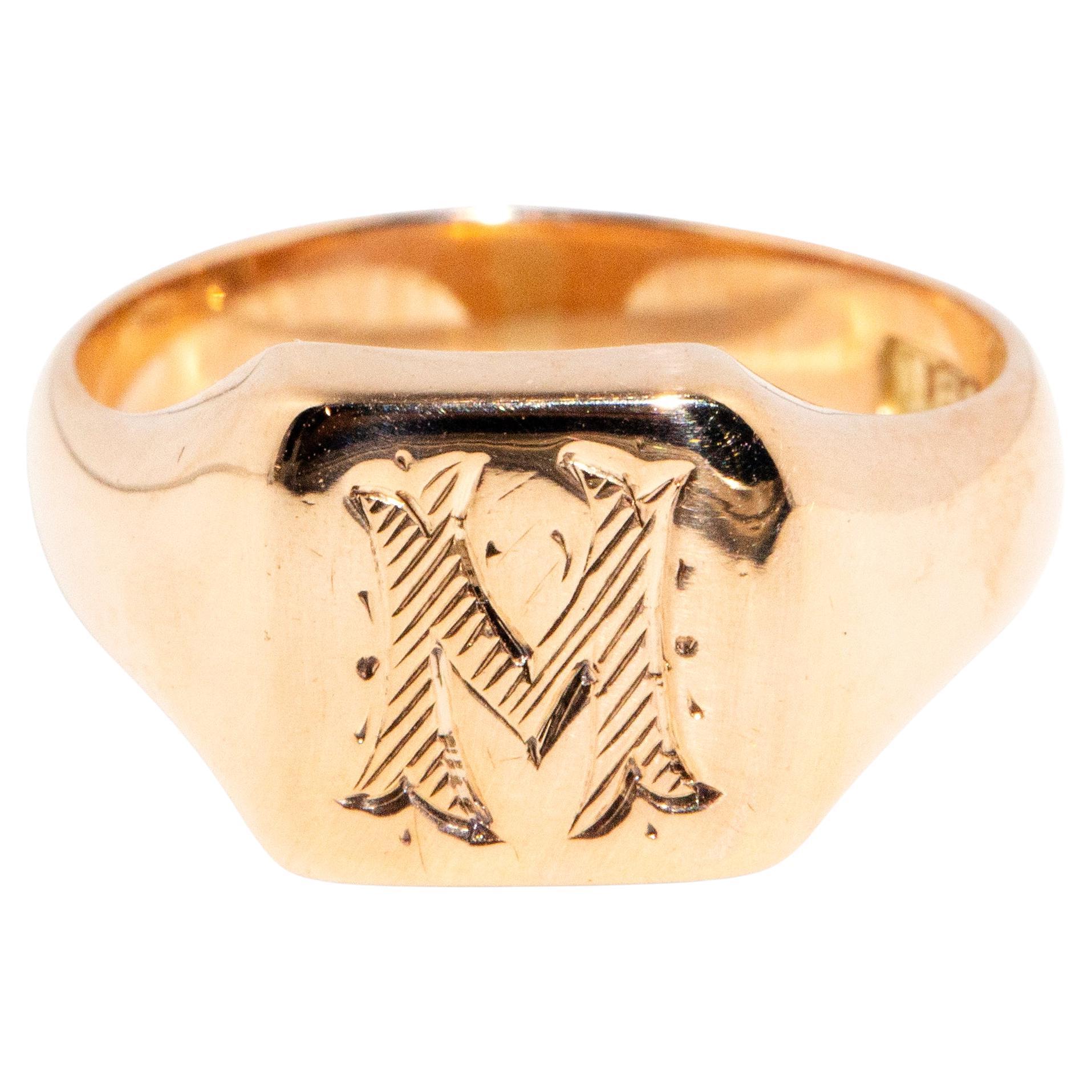 Vintage circa 1960s 18 Carat Rose Gold Letter "M" Cushion Shaped Signet ...