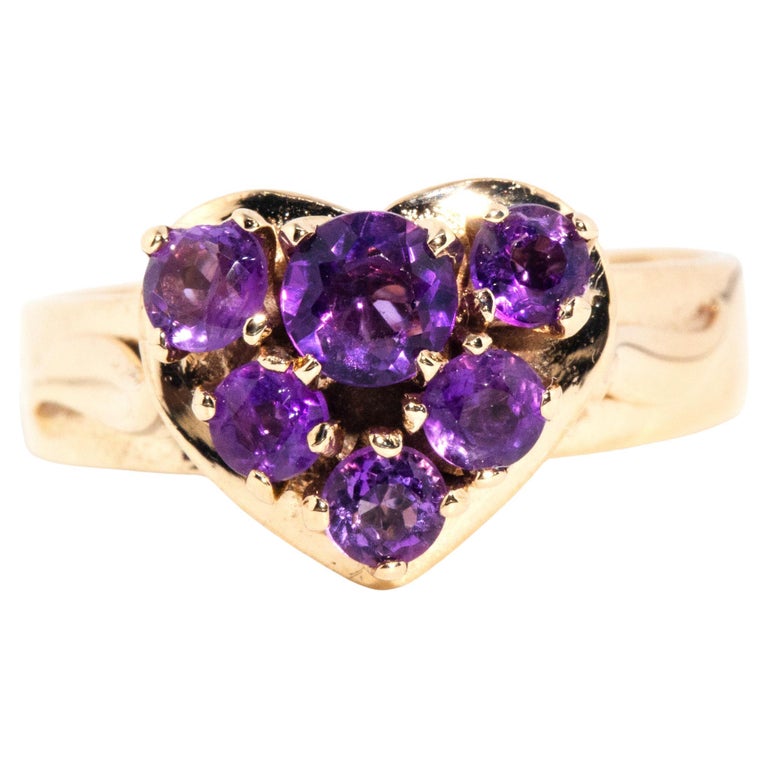 Vintage circa 1970s 9 Carat Gold Amethyst Heart Shaped Cluster Ring For ...